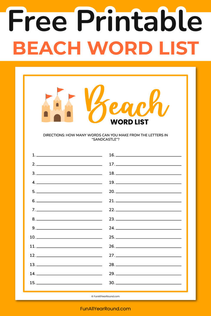 Beach word list - Fun All Year Round