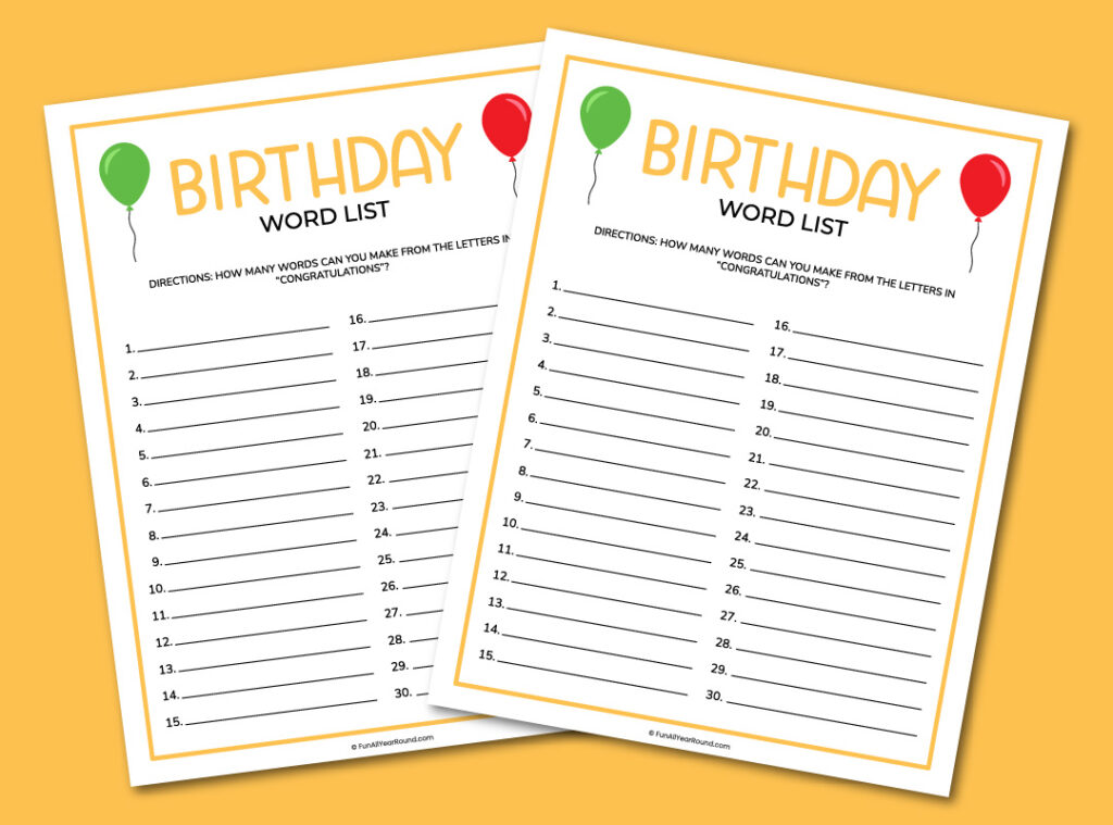 Birthday word list - Fun All Year Round