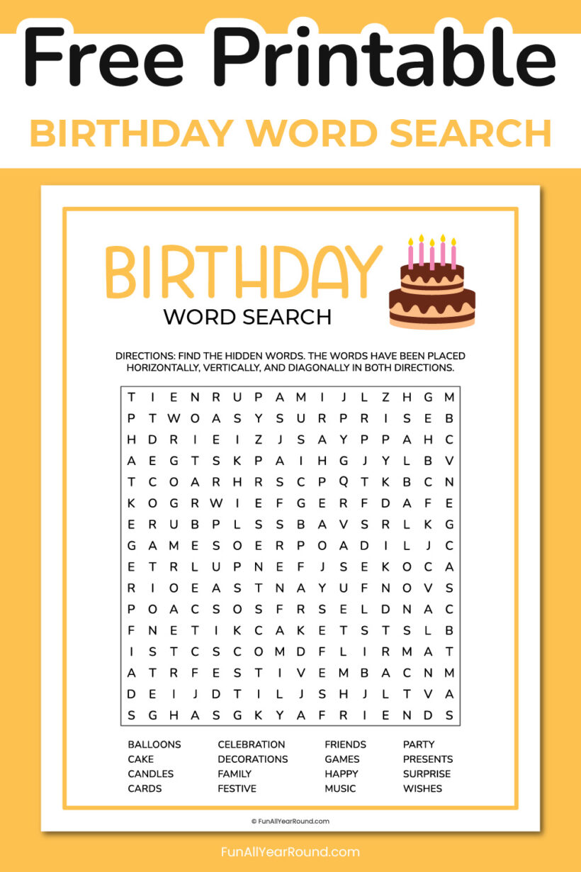 Birthday word search - Fun All Year Round