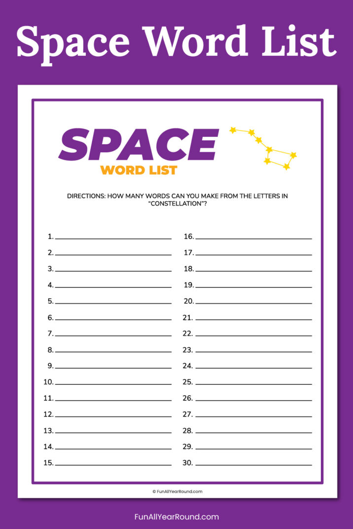 Space word list - Fun All Year Round