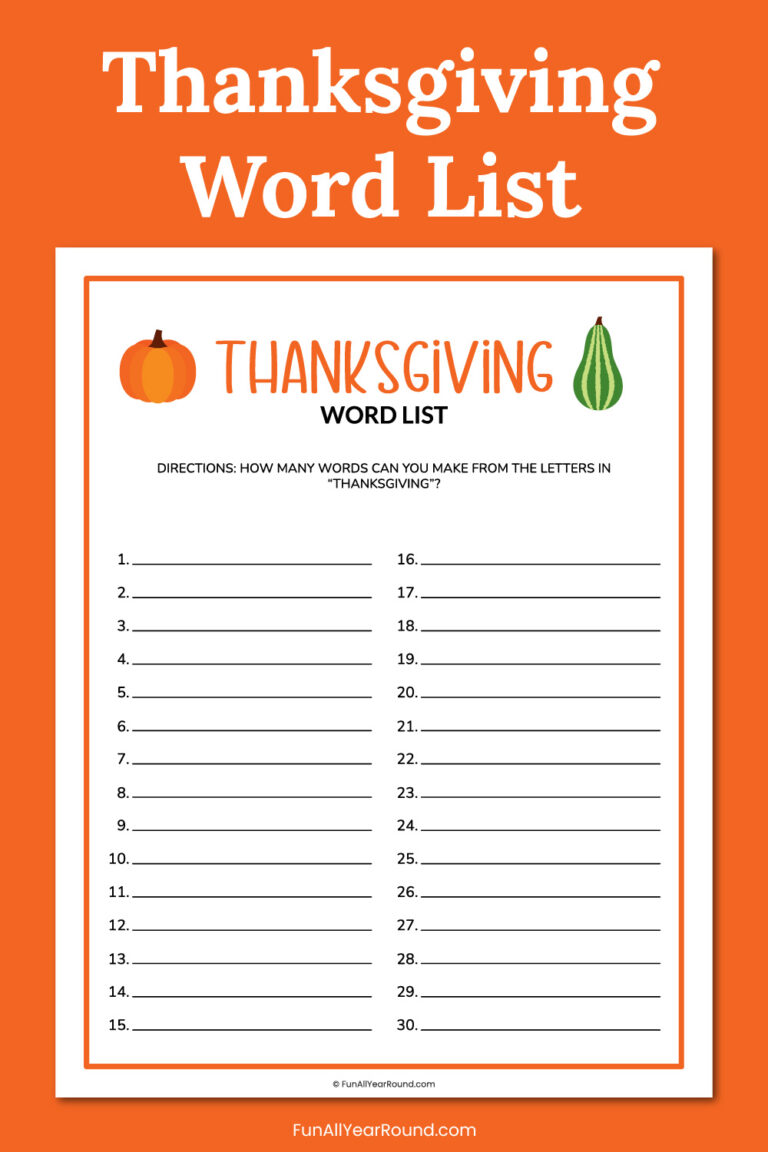 Thanksgiving word list - Fun All Year Round
