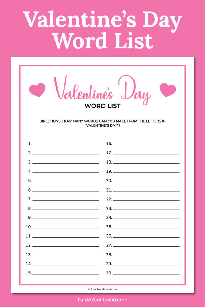Valentine's Day word list - Fun All Year Round