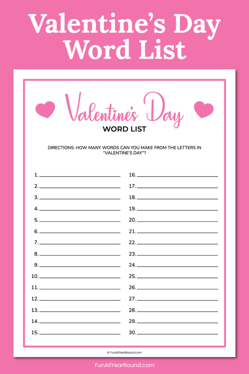 Valentine's Day word list - Fun All Year Round